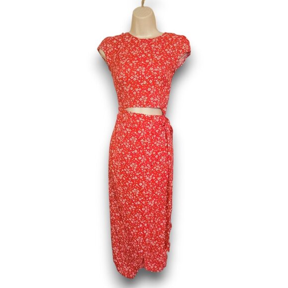 Reformation | Dresses | Reformation Red Floral Cut Out Wrap Front Midi ...